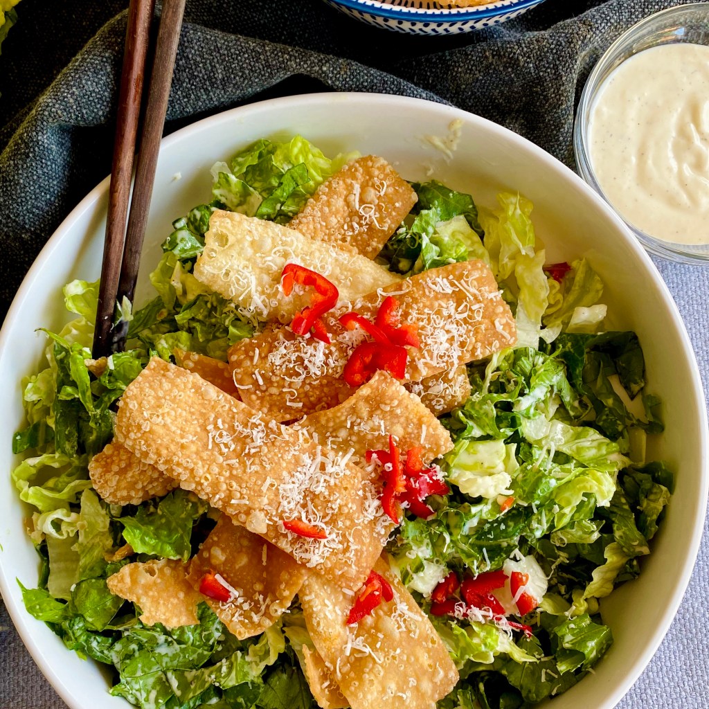 Inspired Caesar Asian SALAD and MISO Caesar DRESSING Recipe with WONTON ...